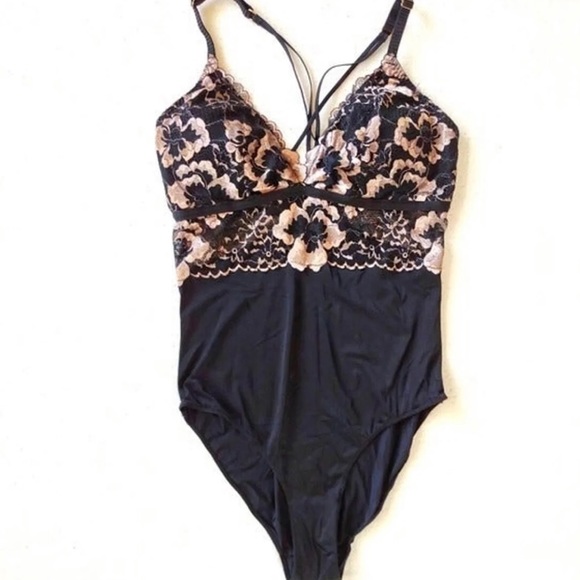 Auden | Tops | Auden Black Floral Lace Mesh Inset Bodysuit Lingerie ...